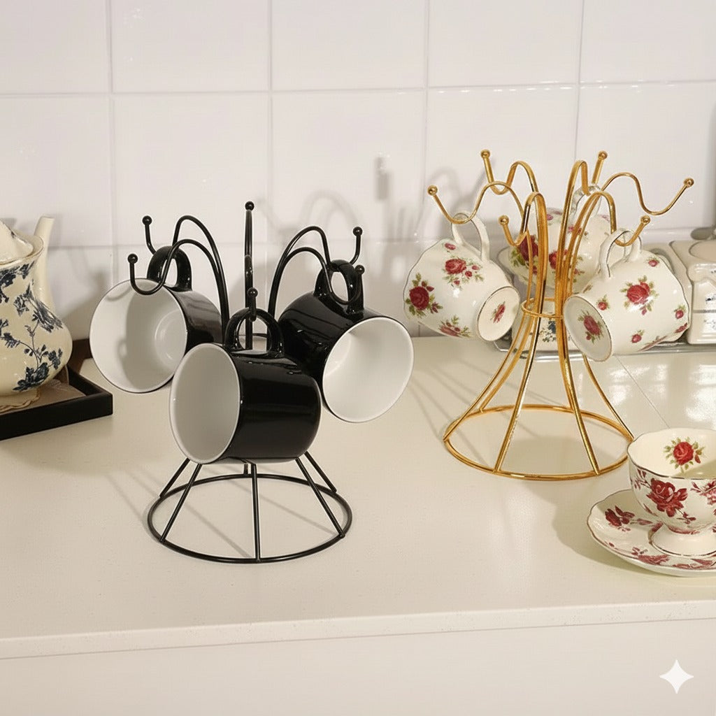 Mug Tree Holder. Cup Holder Stand. 6 Hooks. Black Metal Coffee Mug Sta ...